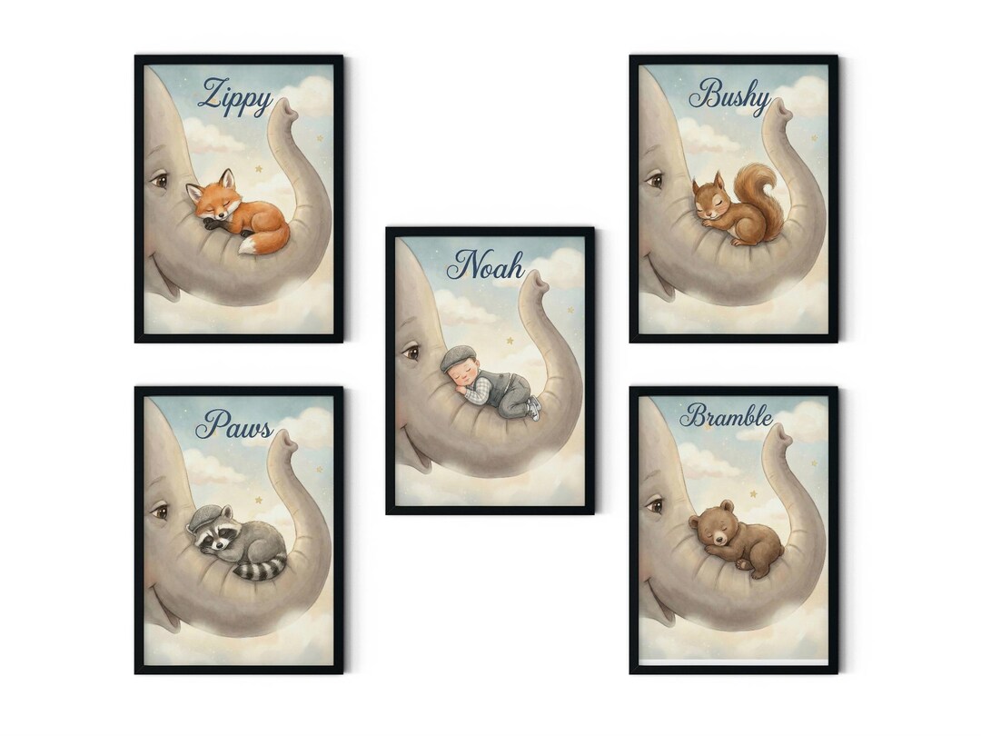 Personalized Baby Portrait Nursery Art Set, Animals Illustration - Etsy