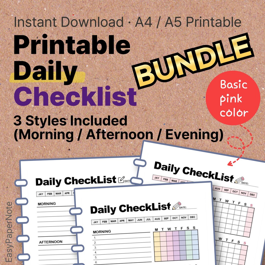 Printable Daily Checklist Bundle | 3 Styles Included | A4 & A5 ...
