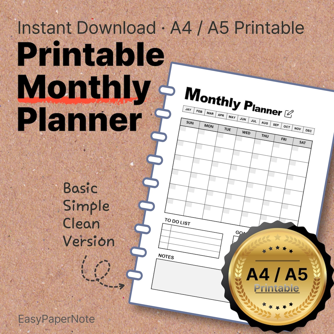 Minimal Monthly Planner Printable | A4 A5 Calendar (instant Download ...