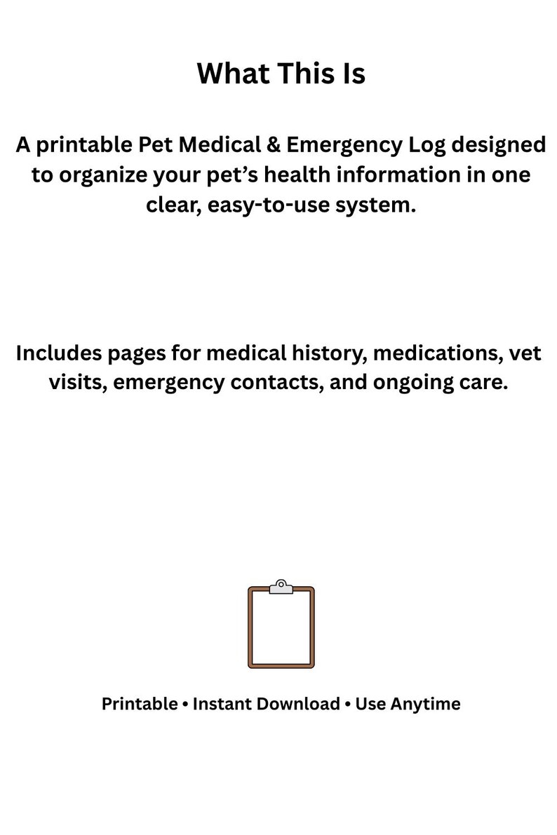 Pet Medical and Emergency Log – Printable Health, Vet Visits ...