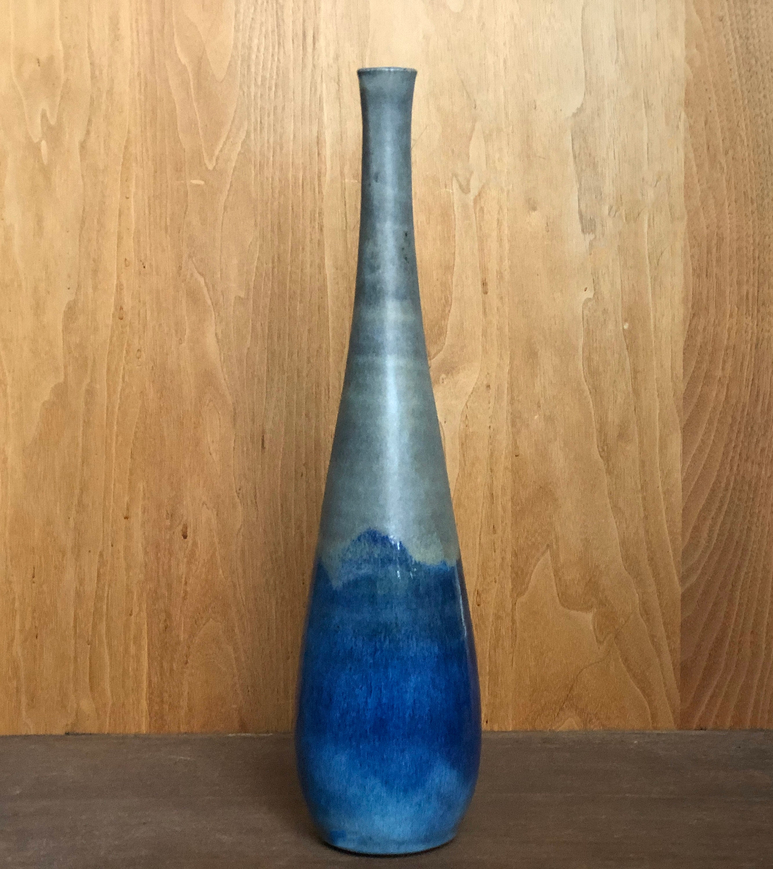 Large Ceramic Bottleneck Vase in Layers of Matte and Glossy Blues and ...
