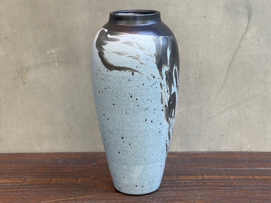 Tall Robin Egg Blue Ceramic Vase With Satin Black Glaze Details - Etsy