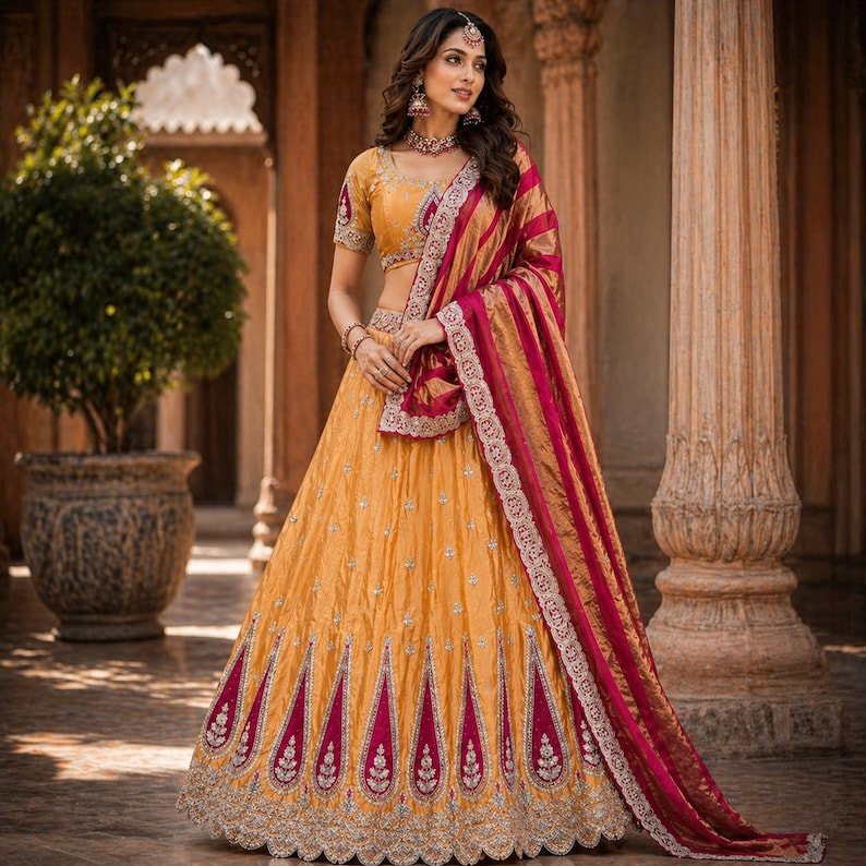 Mustard Gold Bridal Lehenga Choli Set | Bandhej Patch, Zari Embroidery ...