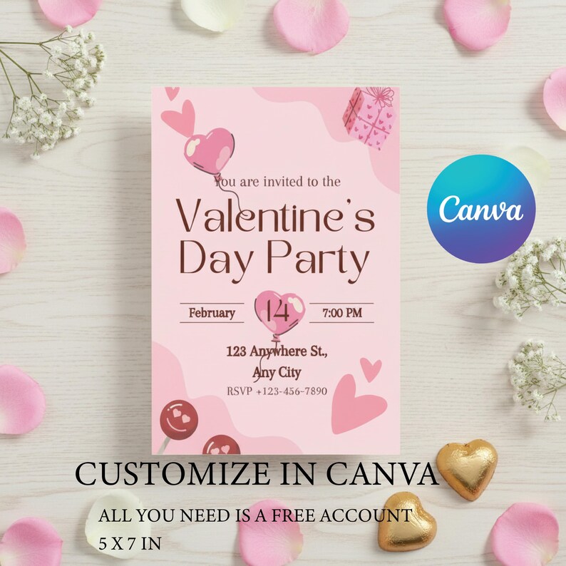 Valentine’s Day Party Invitation Canva Template, Pink Valentine ...