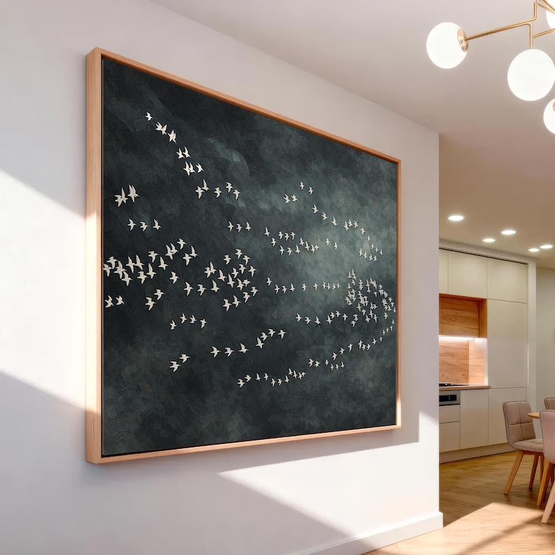 Large Horizontal Abstract Wall Art, Flock of Birds Canvas Print, Moody ...