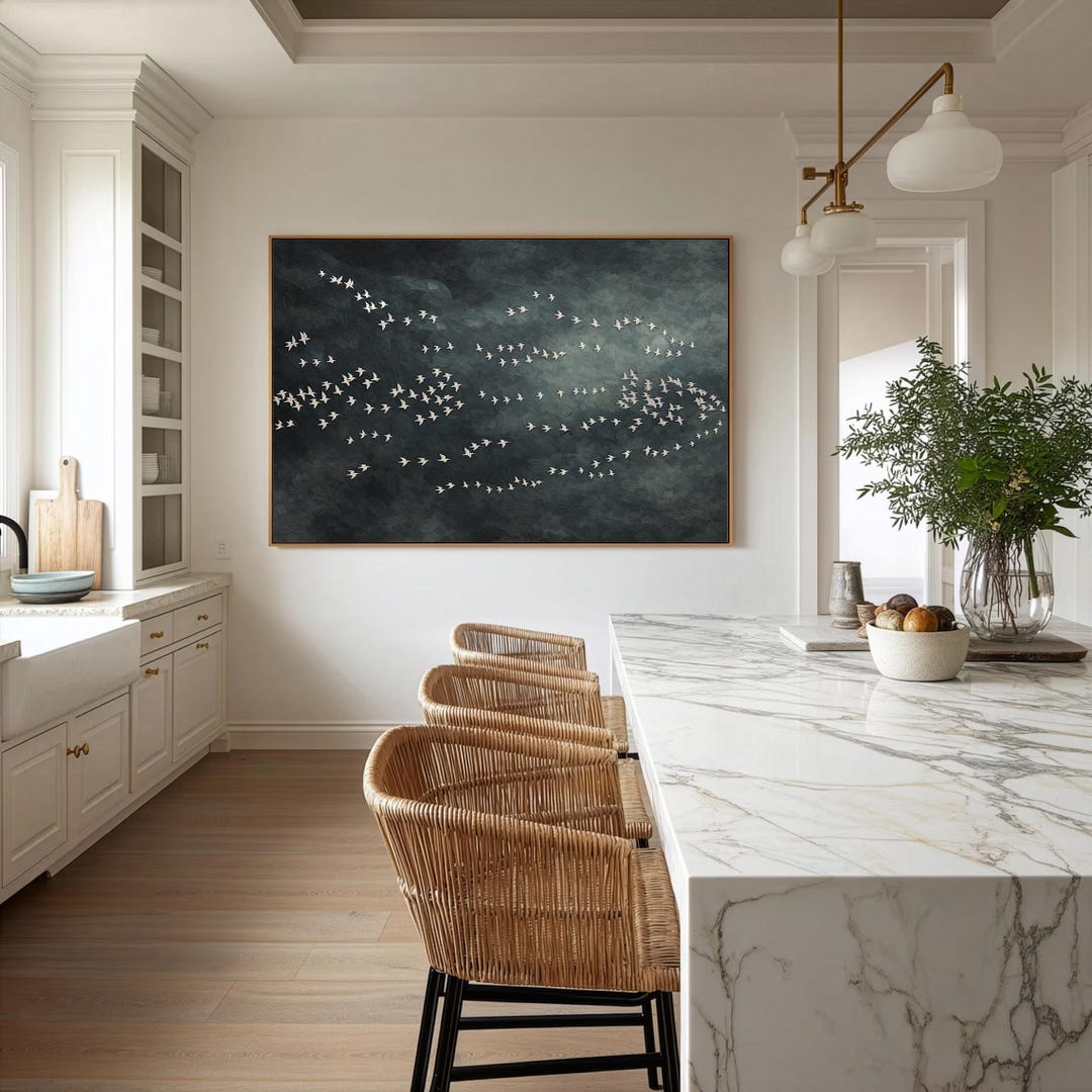 Large Horizontal Abstract Wall Art, Flock of Birds Canvas Print, Moody ...