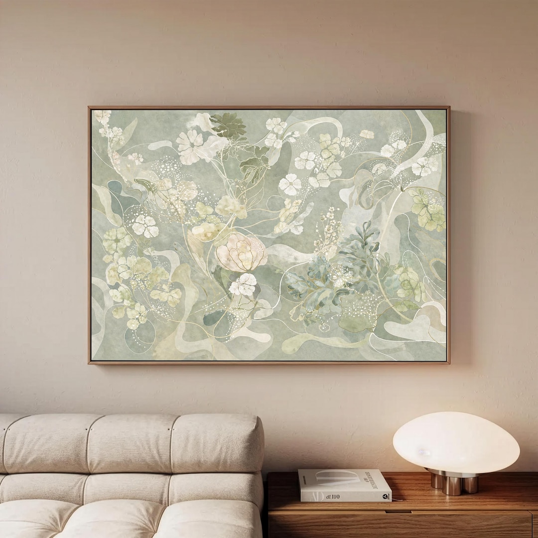Sage Green Botanical Canvas, Neutral Abstract Floral Wall Art, Soft ...