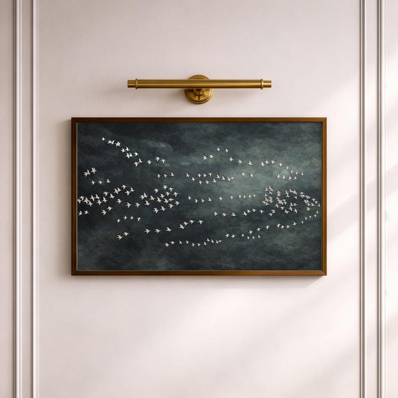 Large Horizontal Abstract Wall Art, Flock of Birds Canvas Print, Moody ...