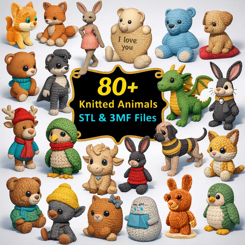 3D Printable Knitted Animal STL Bundle | Crochet Style Animals STL Pack ...
