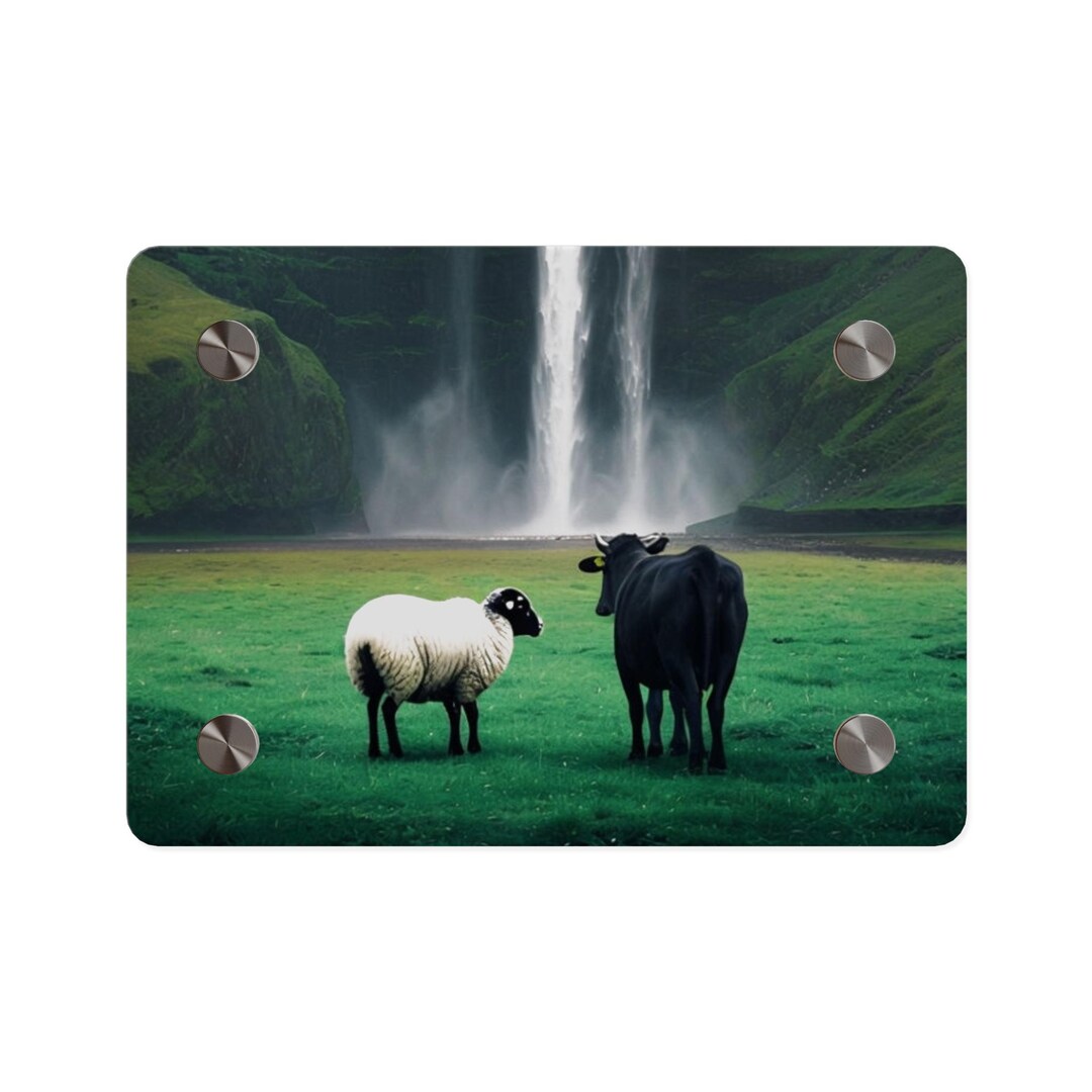 Sheep and Cow Waterfall Acrylic Wall Art Panel | Farm Animal Landscape ...