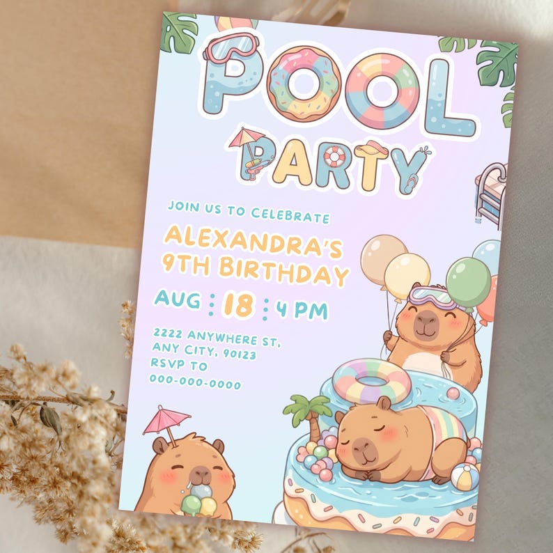 Pool Party Birthday Invitation Template | Cute Capybara Pool Float ...