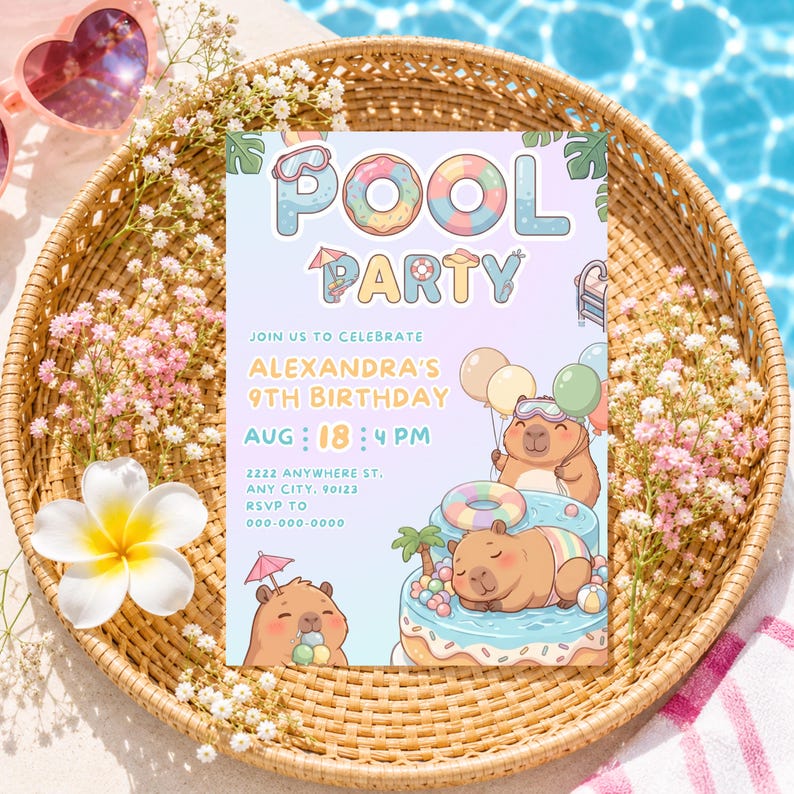 Pool Party Birthday Invitation Template | Cute Capybara Pool Float ...