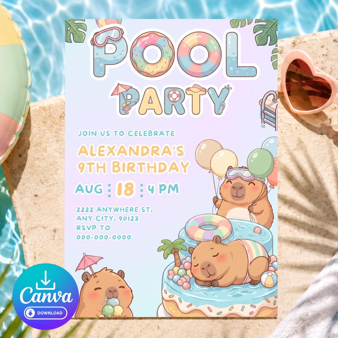 Pool Party Birthday Invitation Template | Cute Capybara Pool Float ...