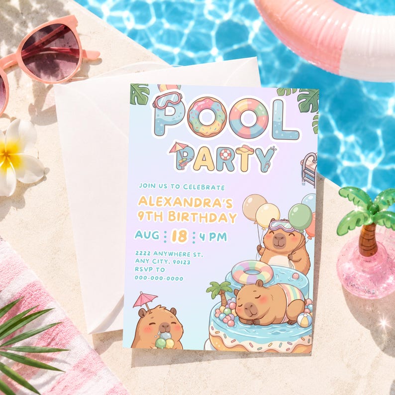 Pool Party Birthday Invitation Template | Cute Capybara Pool Float ...