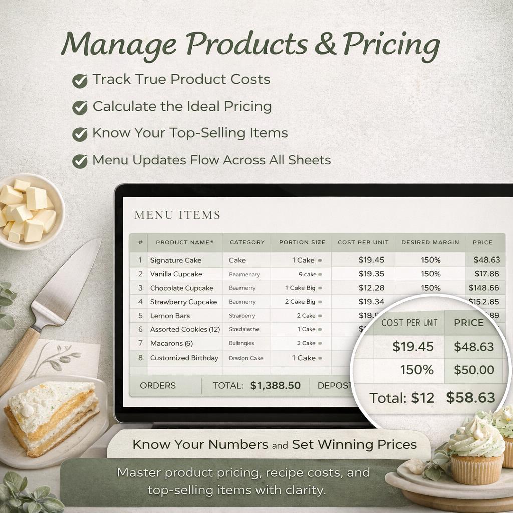 Bakery Business Planner Spreadsheet: Recipe Cost and Order Tracker ...