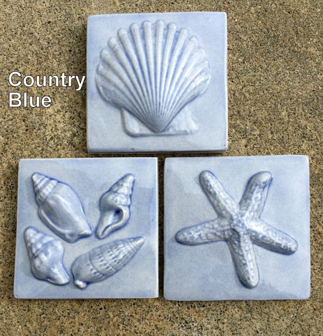 Seashore Series 3x3 Tiles in Country Blue Glaze, Nine Designs Grouped ...