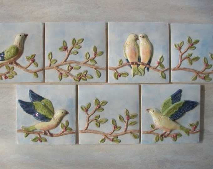 Ceramic Bird and Vine Tiles -- Set of 7 Handmade Relief Tiles ...