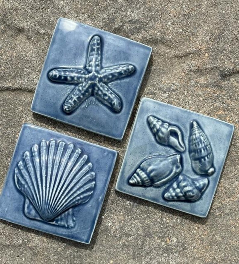 Seashore Series 3x3 Tiles in Denim Blue Glaze, Nine Designs Grouped in ...