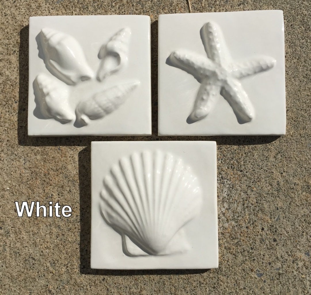 Seashore Series 3x3 Tiles in Gloss White Glaze, Nine Designs Grouped in ...
