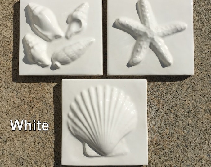 Seashore Series 3x3 Tiles in Gloss White Glaze, Nine Designs Grouped in ...