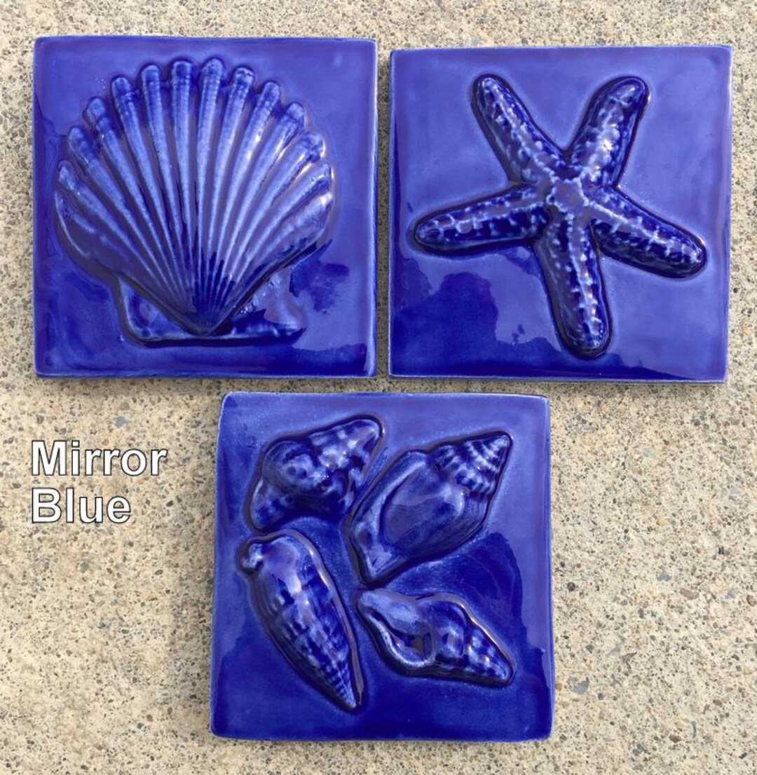 Seashore Series 3x3 Tiles in Mirror Blue Glaze, Nine Designs Grouped in ...