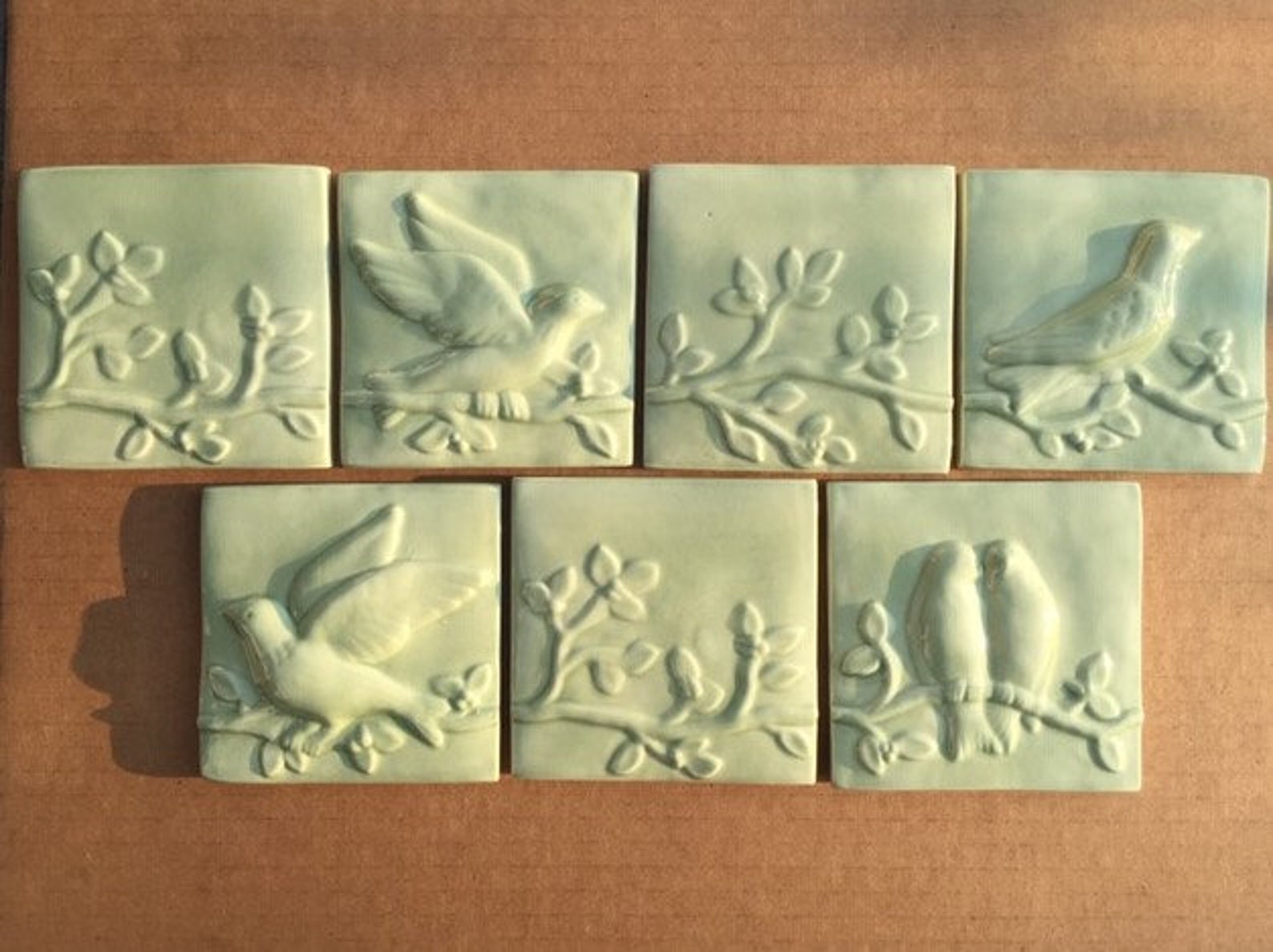 IN STOCK in 5 Glazes -- Sets of Seven Birds on a Vine Accent Tiles ...