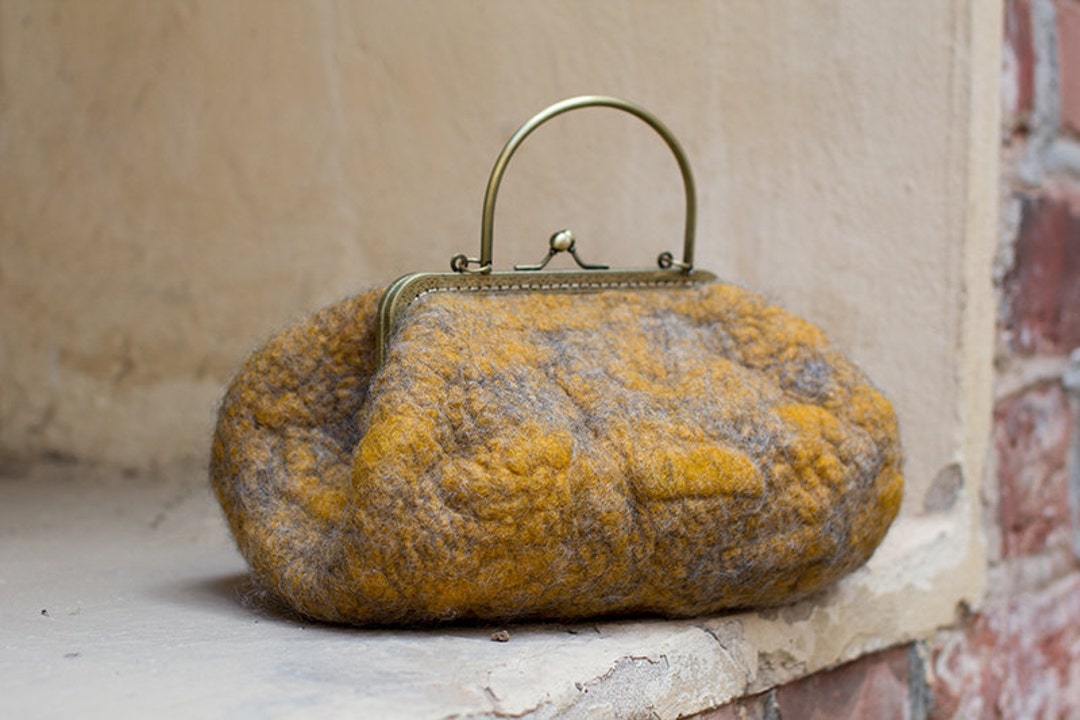 Wet Felted Handbag, Mustard Yellow Handbag, Metal Handle Bag, Cocktail ...