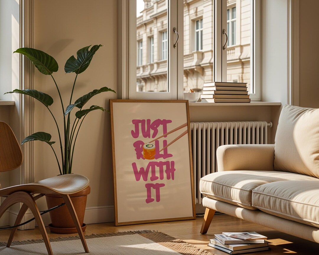 Funny Sushi Print | Food Pun Wall Art Poster | Just Roll With It ...