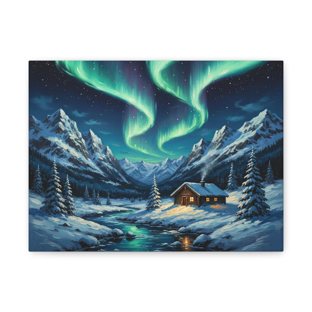 Aurora Borealis Cabin Canvas | Northern Lights Winter Landscape - Etsy