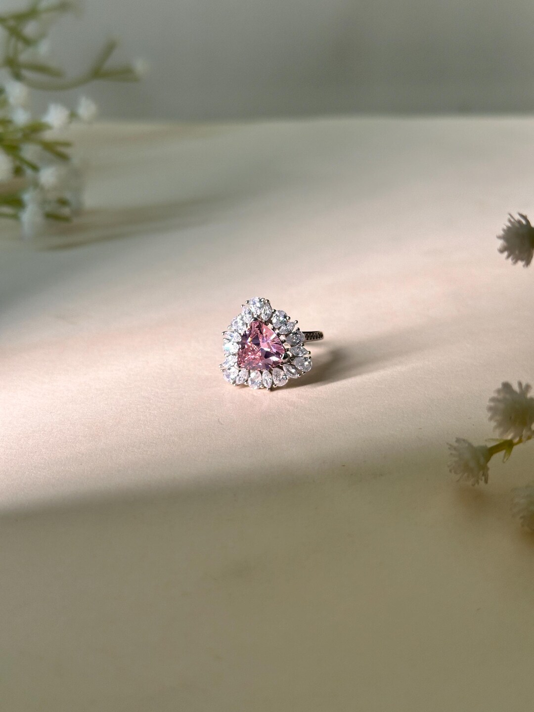 Trillion Cut CZ Halo Ring | 925 Sterling Silver Floral Cluster With ...