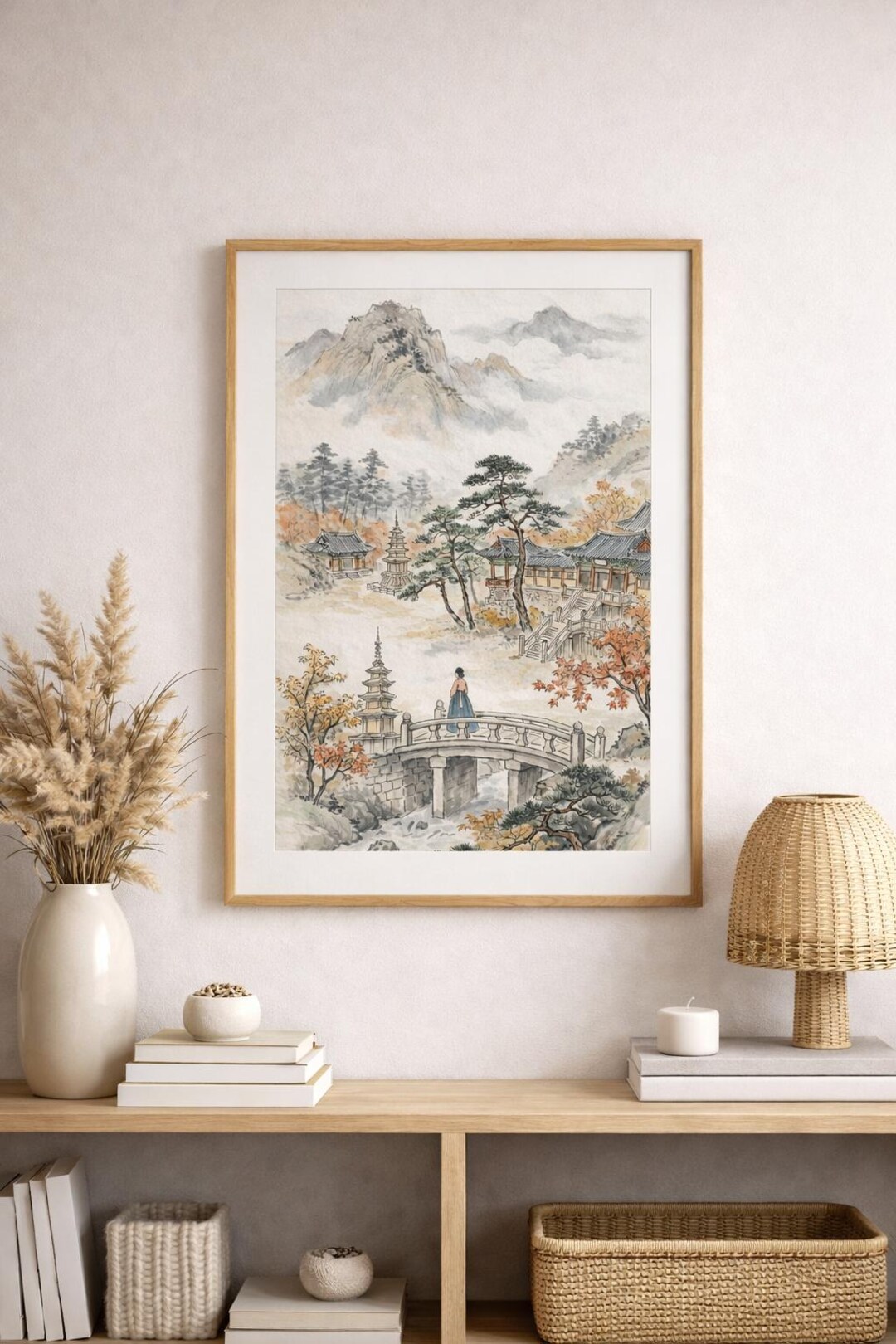 Traditional Korean Temple Landscape Art Print Hanbok Woman on Stone ...