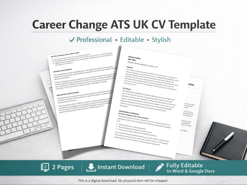 Career Change UK CV Template | Editable Word & Google Docs | Modern ATS ...