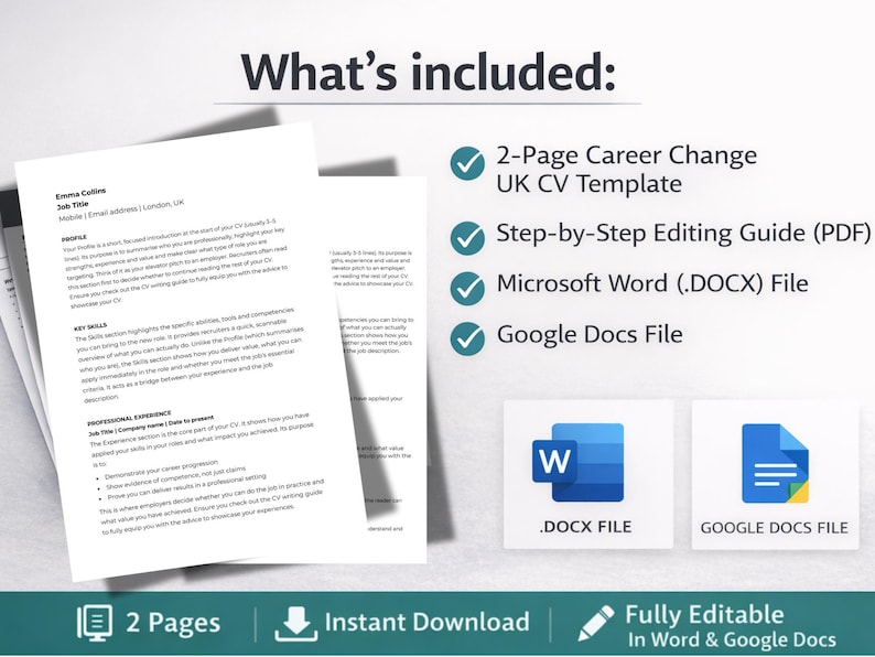 Career Change UK CV Template | Editable Word & Google Docs | Modern ATS ...