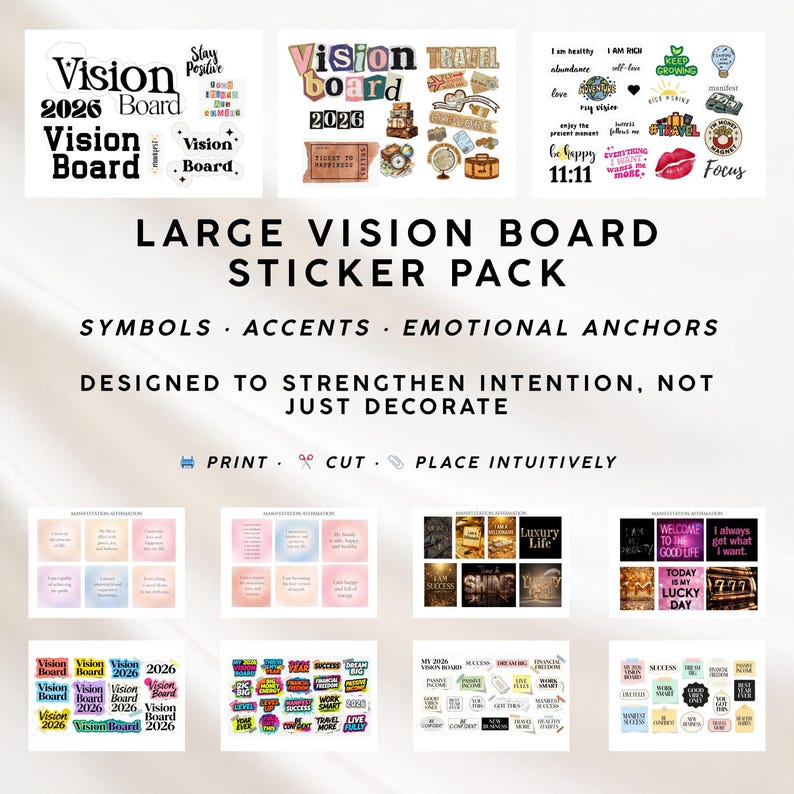Vision Board Printable Kit 2026, Manifestation PDF Guide & Stickers ...