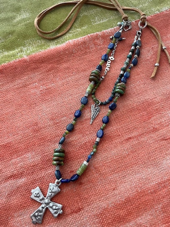 Gemstone Western Style Necklace Sundance Style. Handemade with Turquoise lapis Jade sterling Silver Silver Plate and Leather. Festival