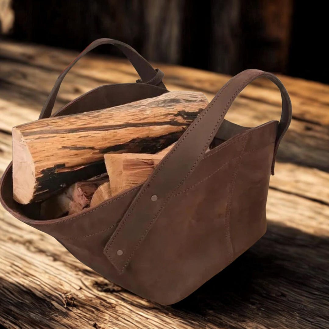 Leather Firewood Carrying Bag | Handmade Rustic Log Holder | Vintage ...