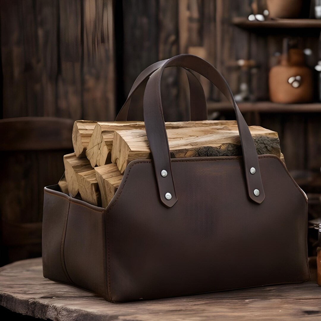 Handmade Leather Firewood Carrier Log Basket, Rustic Fireplace Storage ...