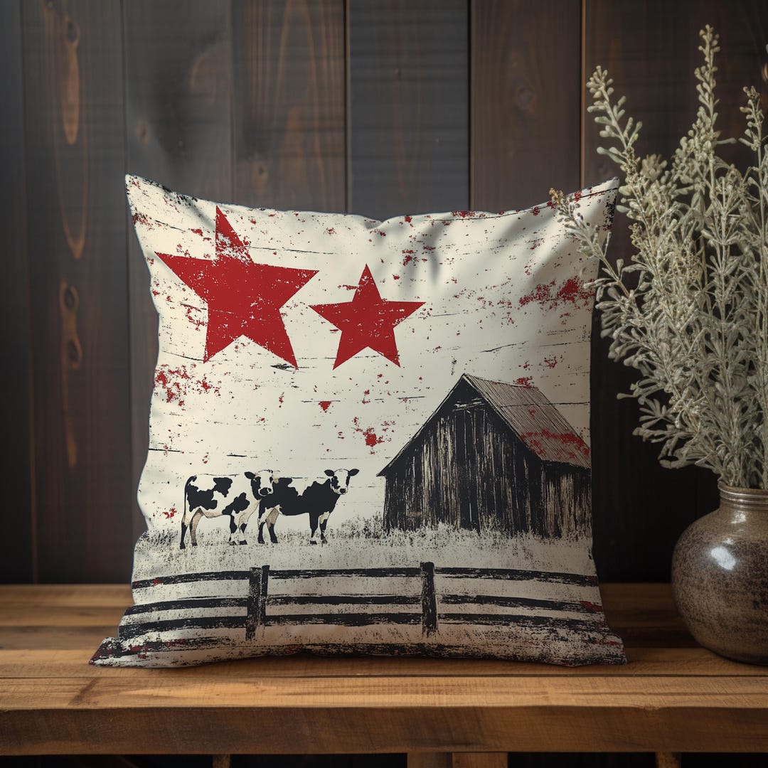 Primitive Rustic Farmhouse Throw Pillow, Barn Cow Americana Star Accent ...