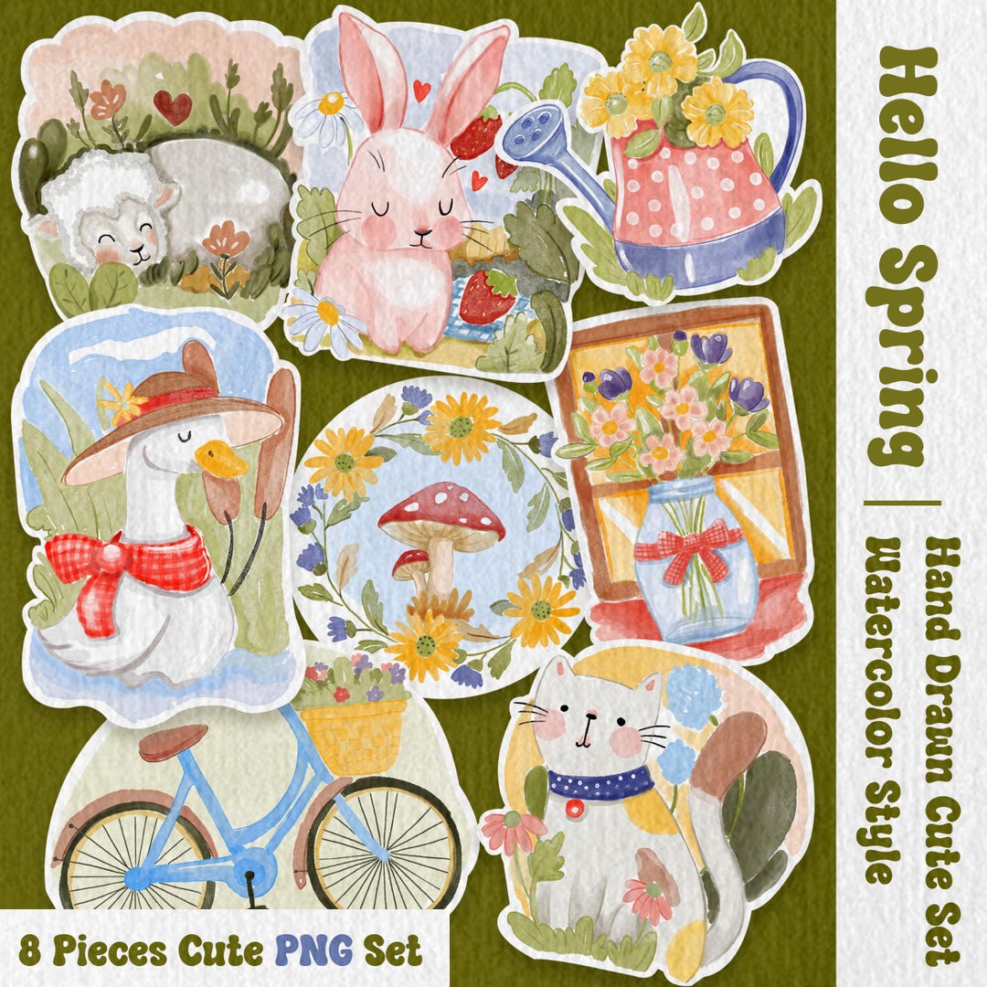 Watercolor Spring Clipart Set, Animals, Floral PNG Stickers (digital ...
