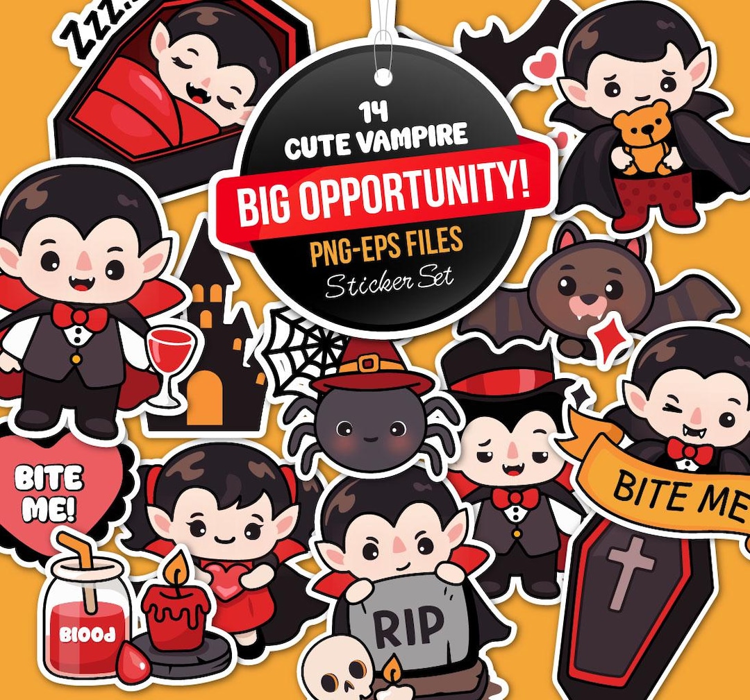 Cute Vampire Sticker Set, Halloween Chibi Vampires, 14 Vector Stickers ...