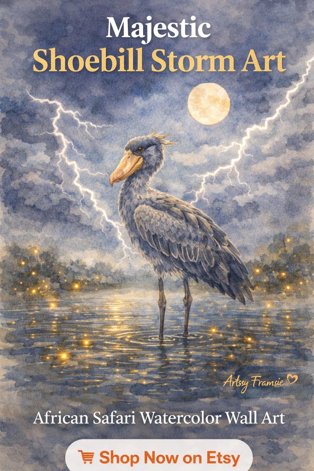 Majestic Shoebill Stork Storm Art, African Safari Watercolor Instant ...