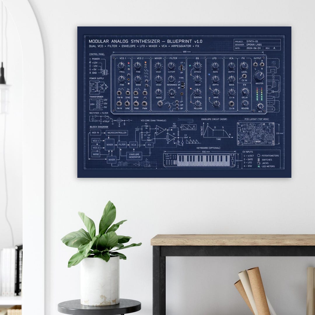 Modular Analog Synthesizer Blueprint Poster | Vintage Synth Technical ...