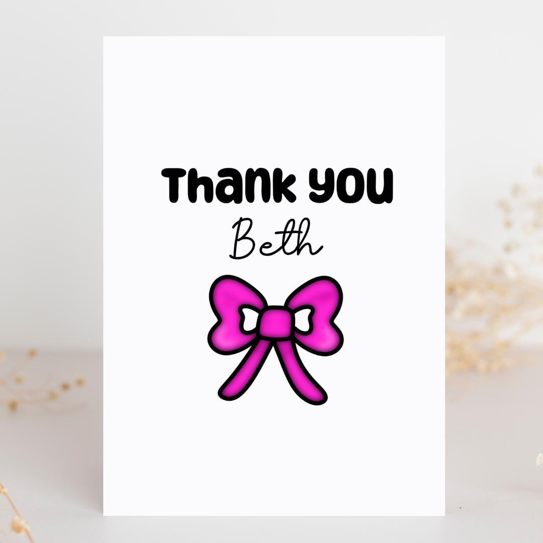 Personalised Thank You Bow Print Card - Custom Thank You Name Card - A6 ...