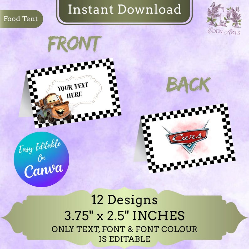 12 Pixar Cars Watercolour Food Tents Lightning Mcqueen Editable Food ...