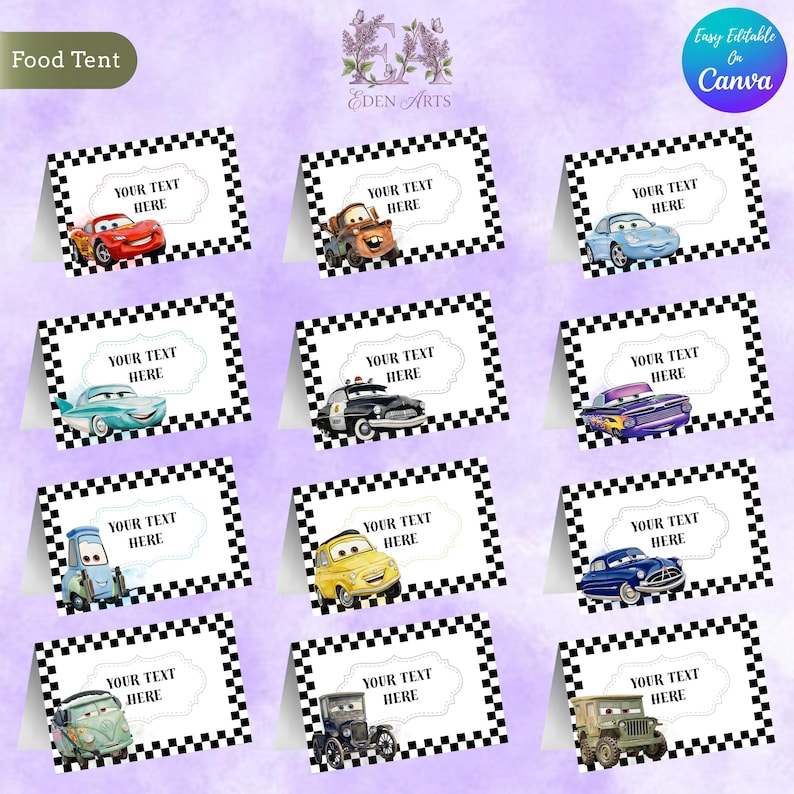 12 Pixar Cars Watercolour Food Tents Lightning Mcqueen Editable Food ...