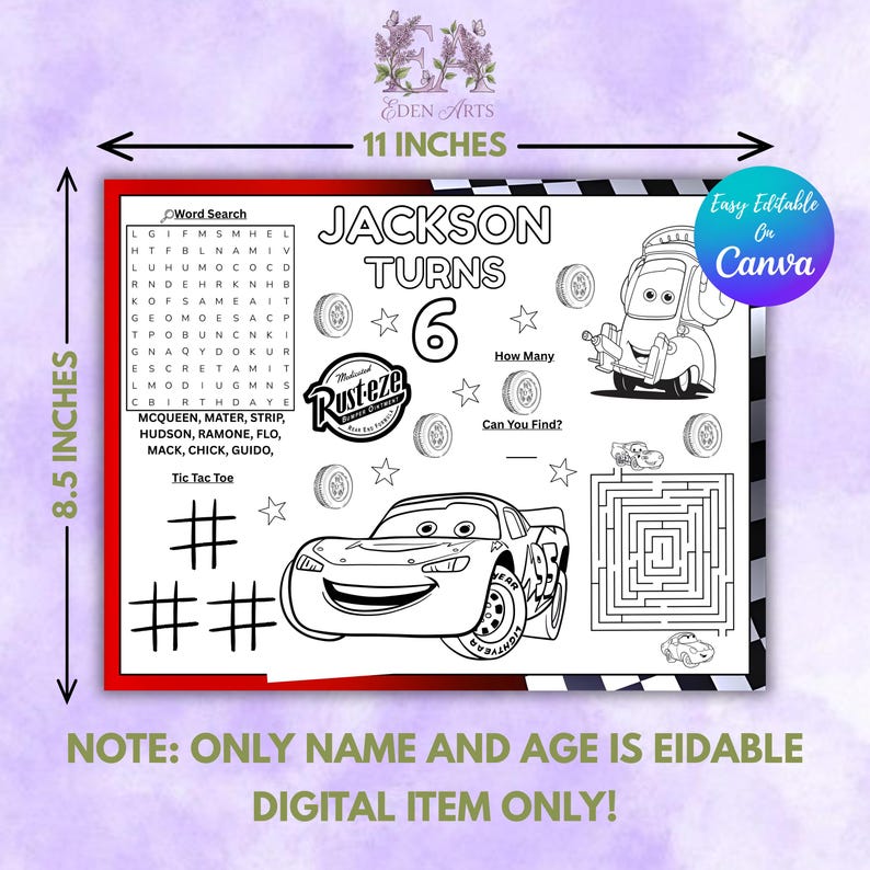 Lightning Mcqueen Cars Birthday Party Activity Placemat Sheet Rusteze ...