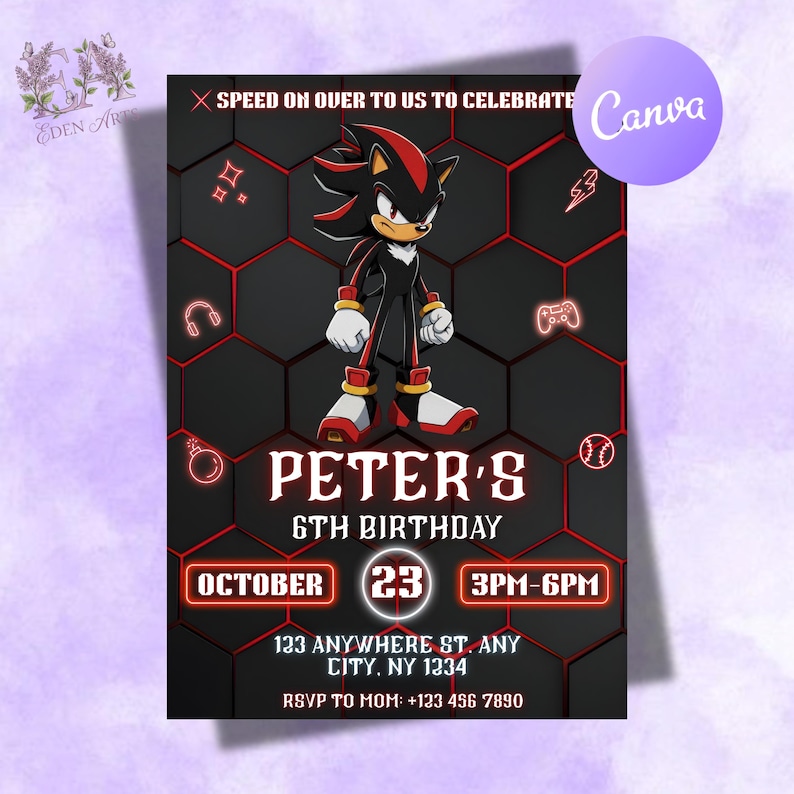 Editable Shadow the Hedgehog Birthday Invitation Template Shadow Boy ...