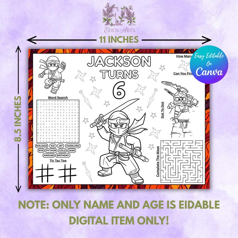 Legos Ninjago Birthday Party Editable Activity Placemat Sheet Lego ...