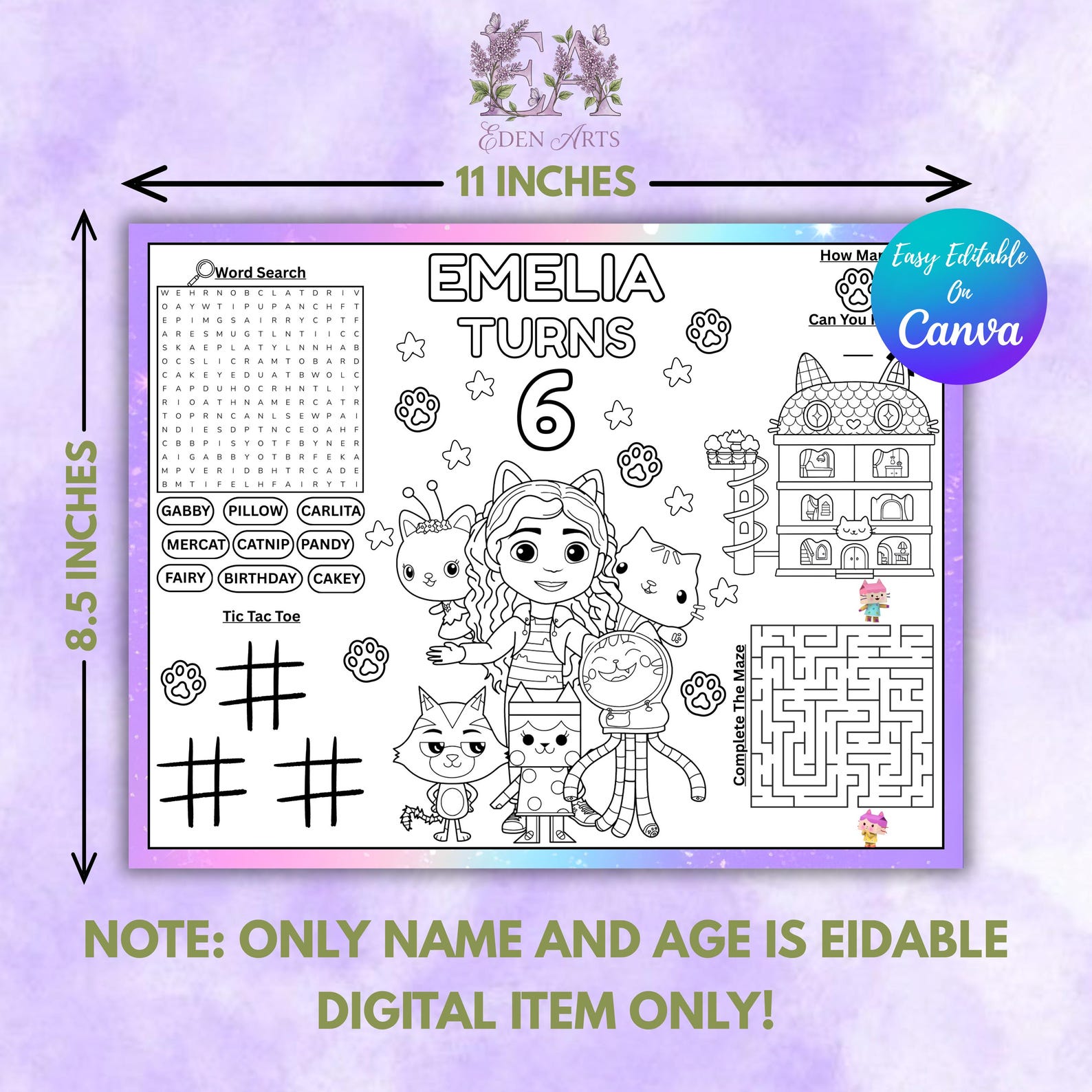 Gabby's Dollhouse Birthday Party Editable Activity Placemat Sheet ...