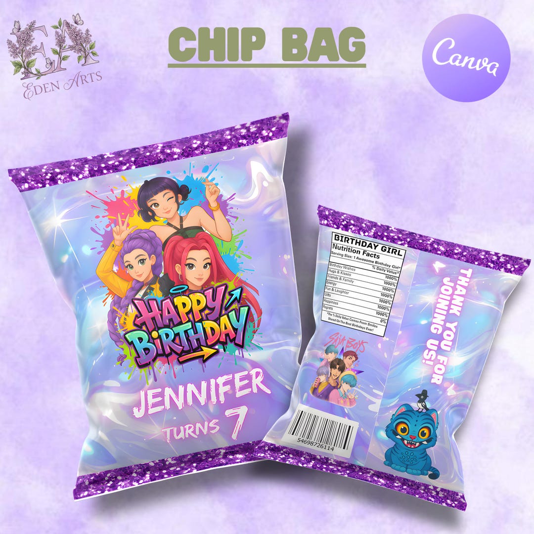 KPOP Demon Hunters Birthday Chip Bag Label, Editable Template (digital ...